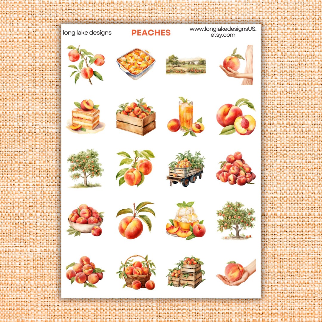 Peaches Sticker Sheet, Durable Weatherproof , Fun Fruit Stickers for ...