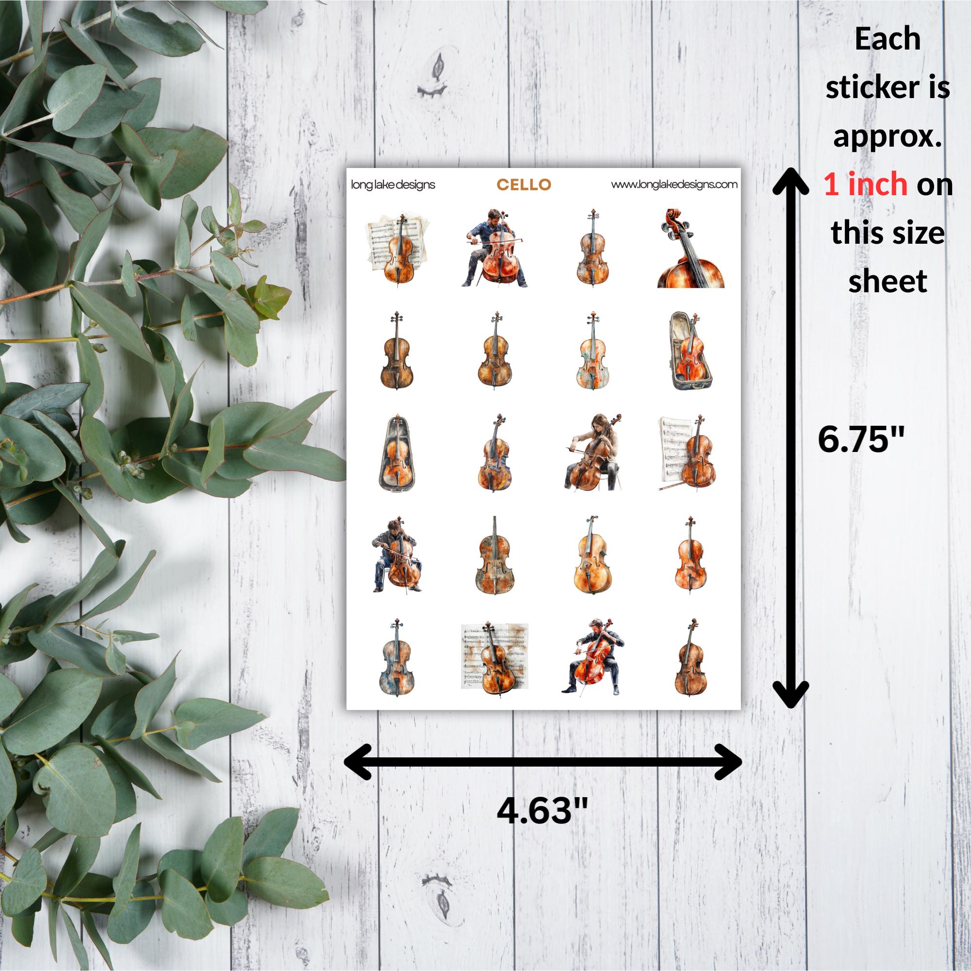 Cello Sticker Sheet, 20 Musical Instrument Laminated Weatherproof ...