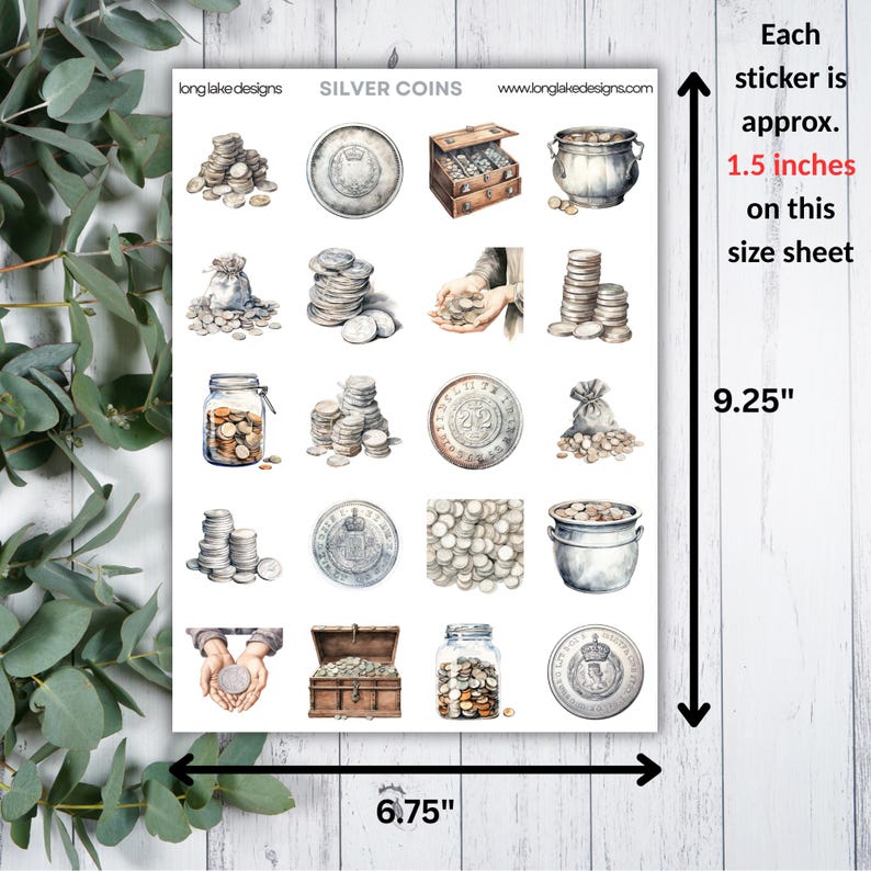 Silver Coin Sticker Sheet, Weatherproof Laminated Stickers, Perfect for ...