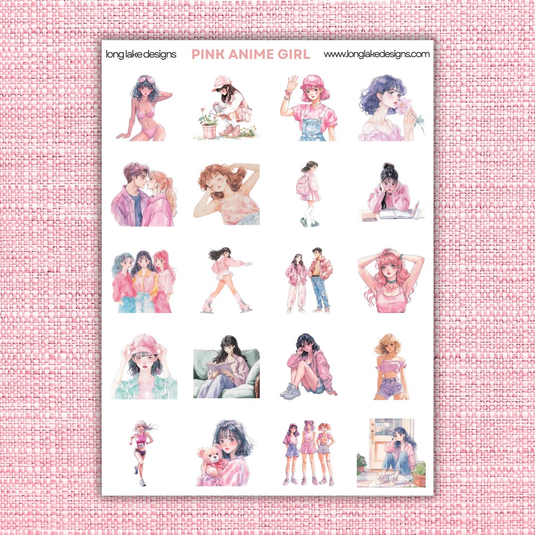 Pink Anime Girl Sticker Sheet, Laminated Weatherproof Stickers, Cute ...