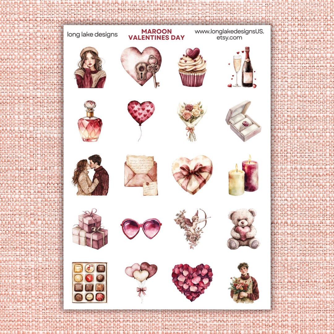 Maroon Valentines Day Sticker Sheet, Durable Laminated Weatherproof ...
