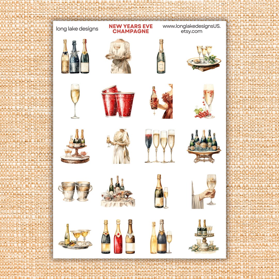 New Years Eve Champagne Sticker Sheet, Durable Laminated Weatherproof ...