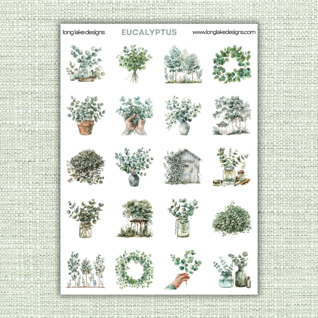 Eucalyptus Sticker Sheet, Premium Water-resistant Vinyl, 20 Cute Leafy ...