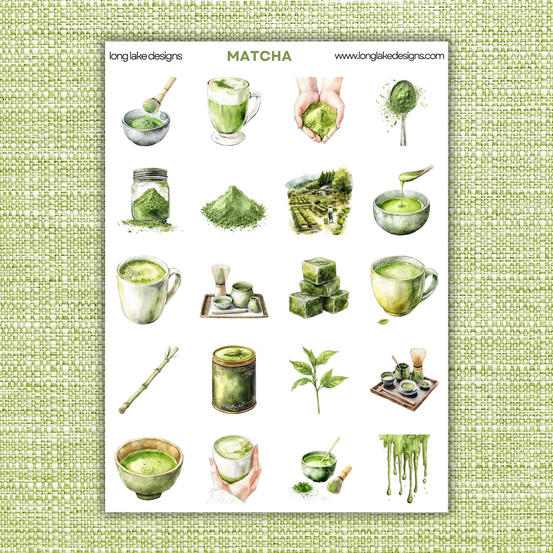 Matcha Sticker Sheet, Waterproof Vinyl Laminated 20pcs Cute Tea Decals ...