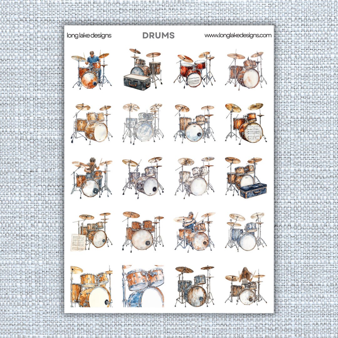Drums Sticker Sheet, Durable Laminated Vinyl Water-resistant Music ...