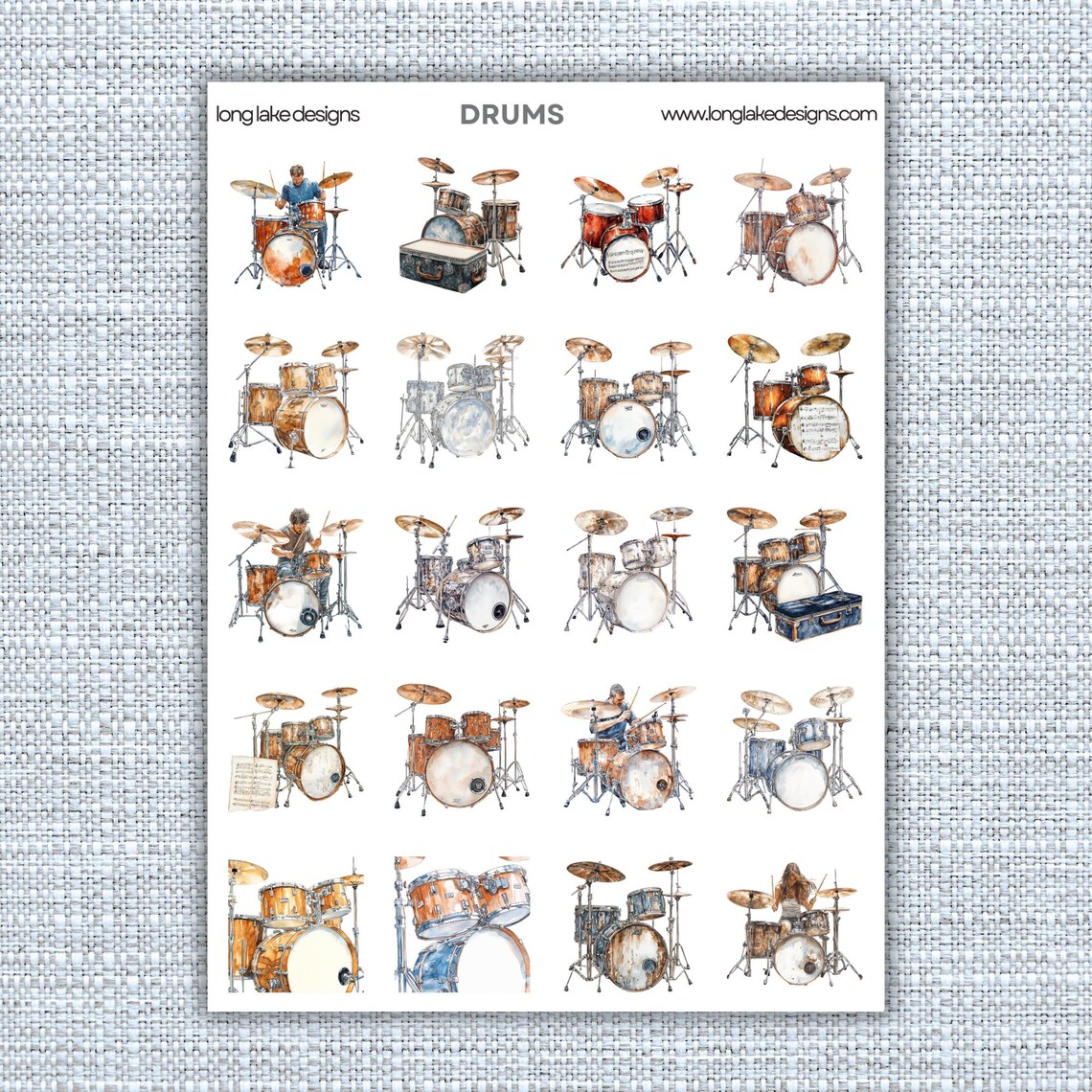 Drums Sticker Sheet, Durable Laminated Vinyl Water-resistant Music ...