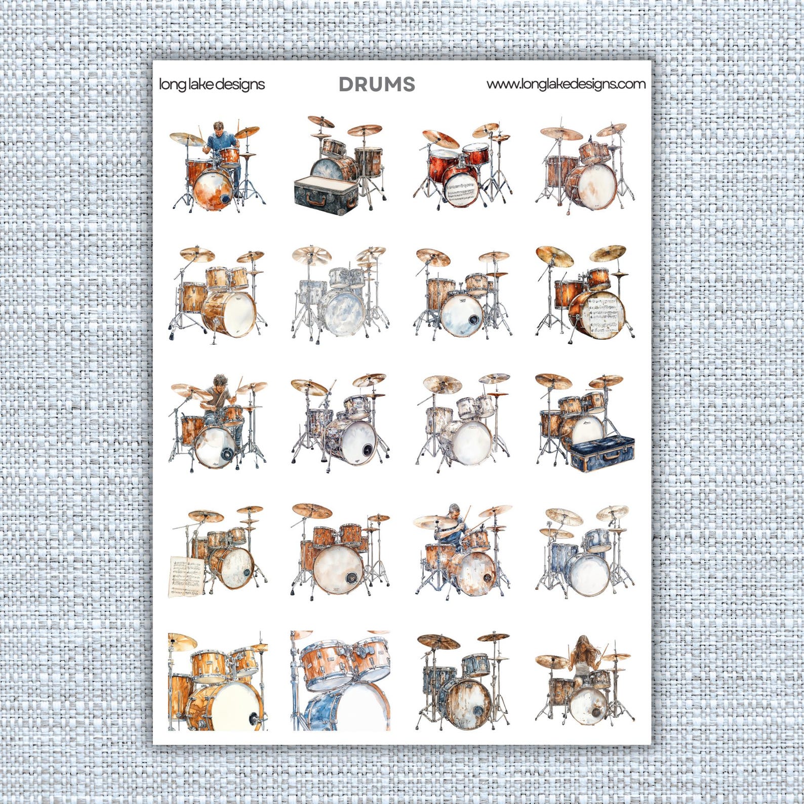 Drums Sticker Sheet, 20 Musical Instrument Laminated Weatherproof ...