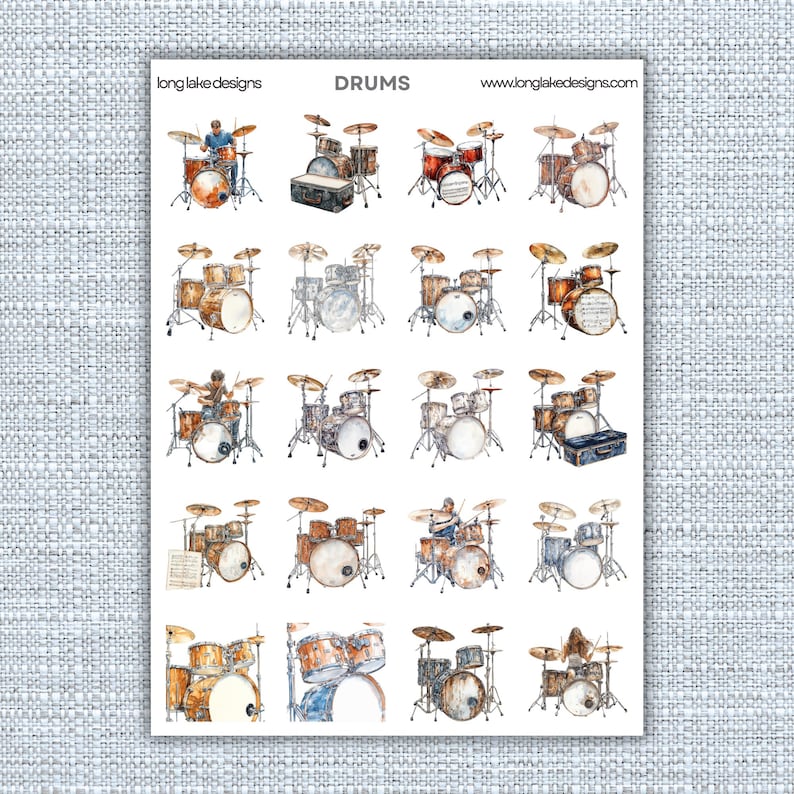 Drums Sticker Sheet, 20 Musical Instrument Laminated Weatherproof ...