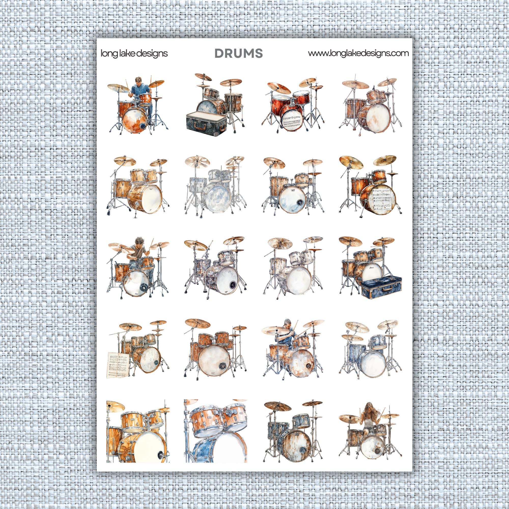 Drums Sticker Sheet, 20 Musical Instrument Laminated Weatherproof ...
