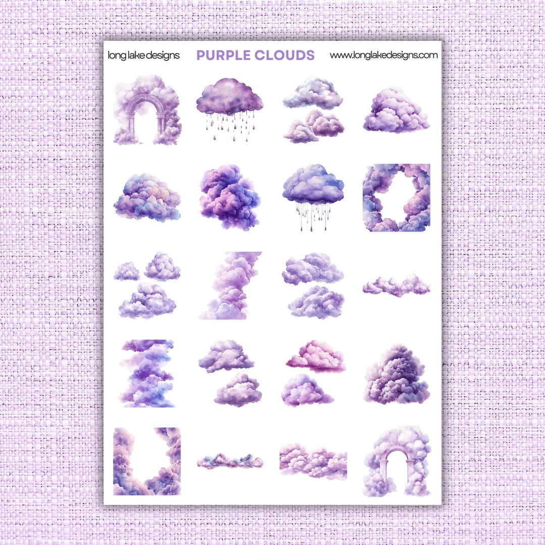 Purple Clouds Sticker Sheet, Waterproof Vinyl Laminated 20-PCS, Perfect ...
