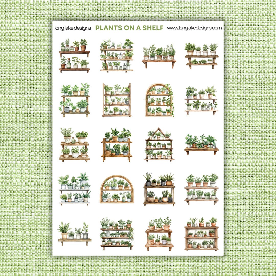 Plants on A Shelf Sticker Sheet, Weatherproof Laminated 20 Cute Plant ...