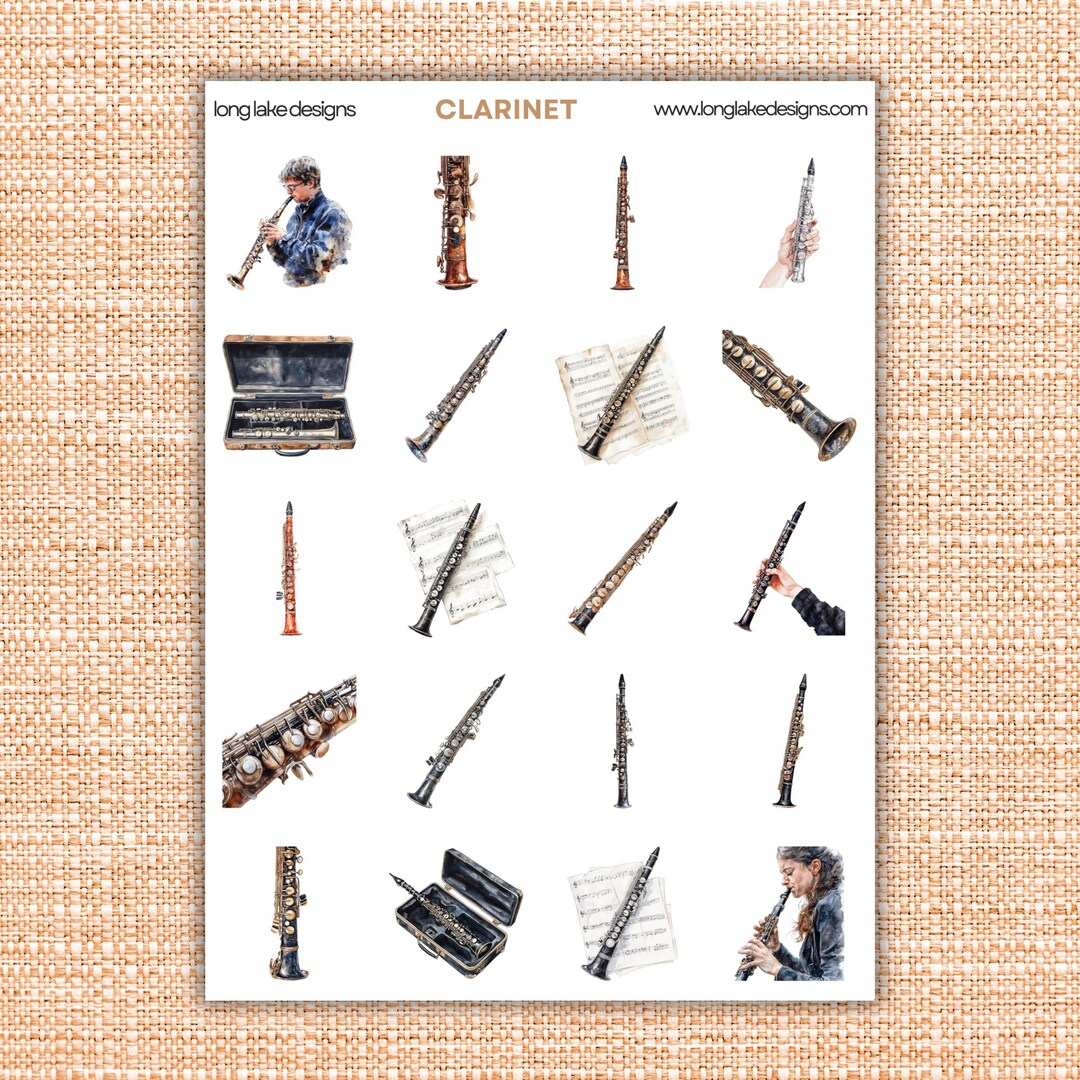 Clarinet Sticker Sheet, 20 Musical Instrument Laminated Weatherproof ...
