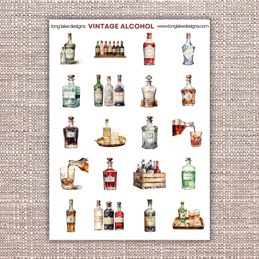 Vintage Alcohol Sticker Sheet, Retro Cocktail & Spirits Vinyl Stickers ...