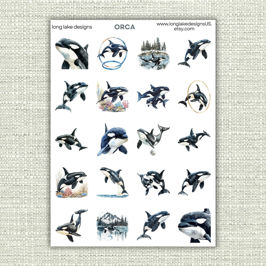 Orca Sticker Sheet - Weatherproof , Durable Ocean Animal Stickers ...