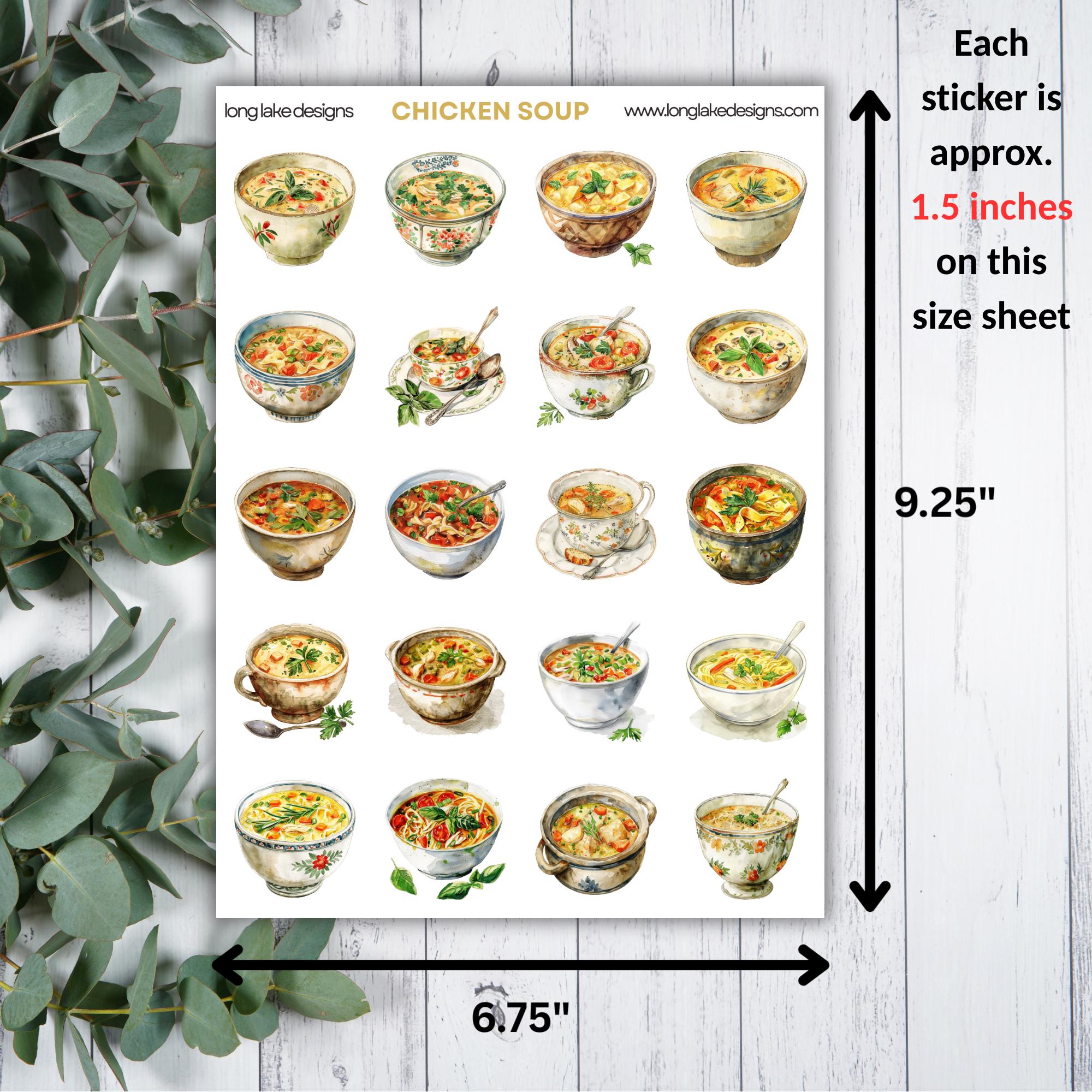 Chicken Soup Sticker Sheet, Waterproof Laminated Vinyl With 20 Cute ...