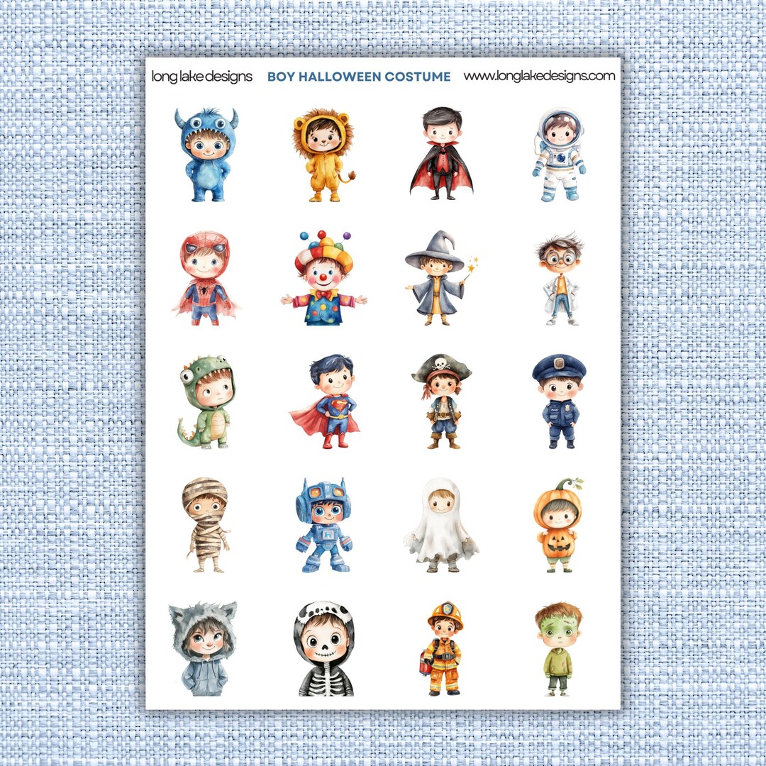 Boy Halloween Costume Sticker Sheet, 20 Holiday Laminated Weatherproof ...