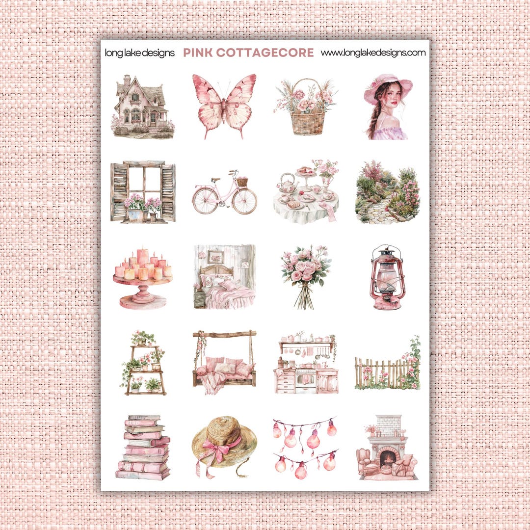Pink Cottagecore Sticker Sheet, Durable Art Decals for Planners and ...