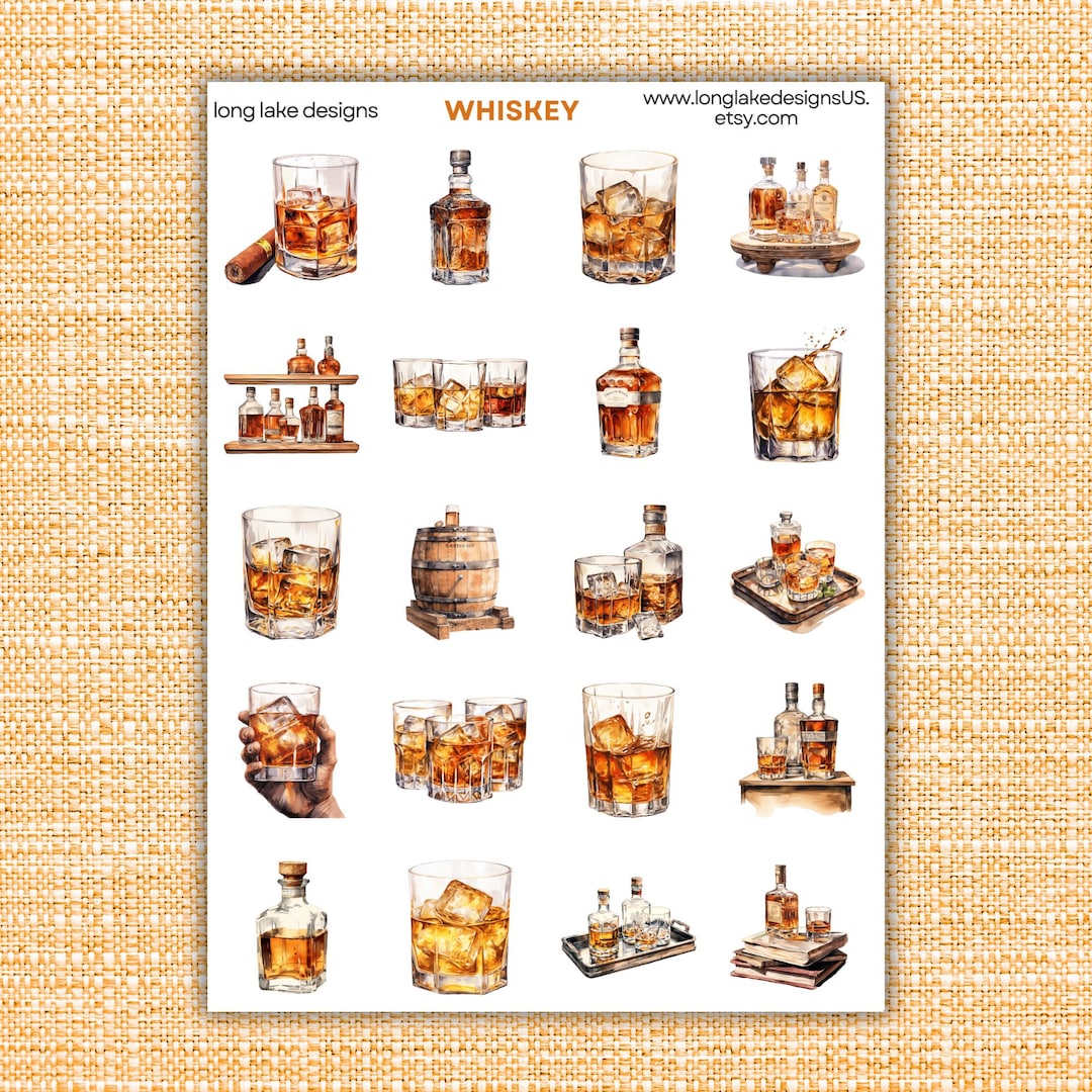 Whiskey Sticker Sheet, Weatherproof & Laminated, 20 Handmade Stickers ...