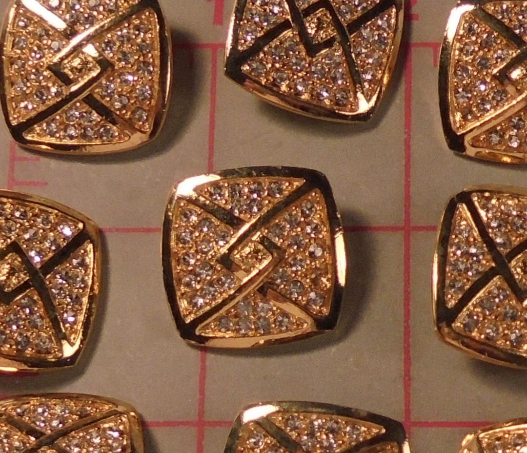 4 Czech Beautiful 1" Gold Metal and Rhinestones Shank Buttons Squarish ...