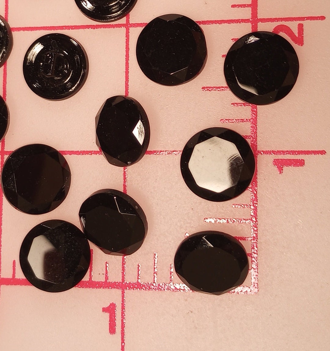 12 Vintage Jet Black Glass Shank Buttons Flat Front Faceted Edge 1/2 ...
