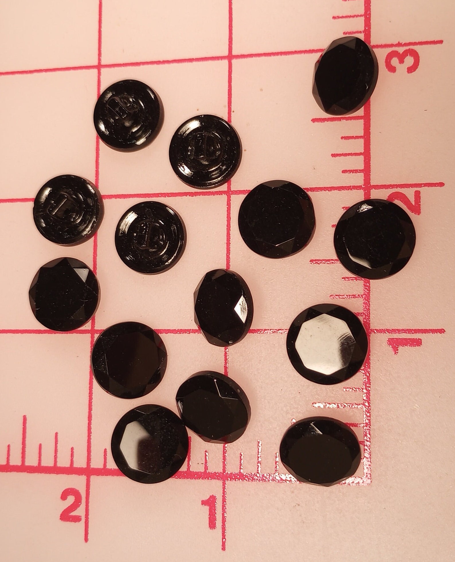 12 Vintage Jet Black Glass Shank Buttons Flat Front Faceted Edge 1/2 ...