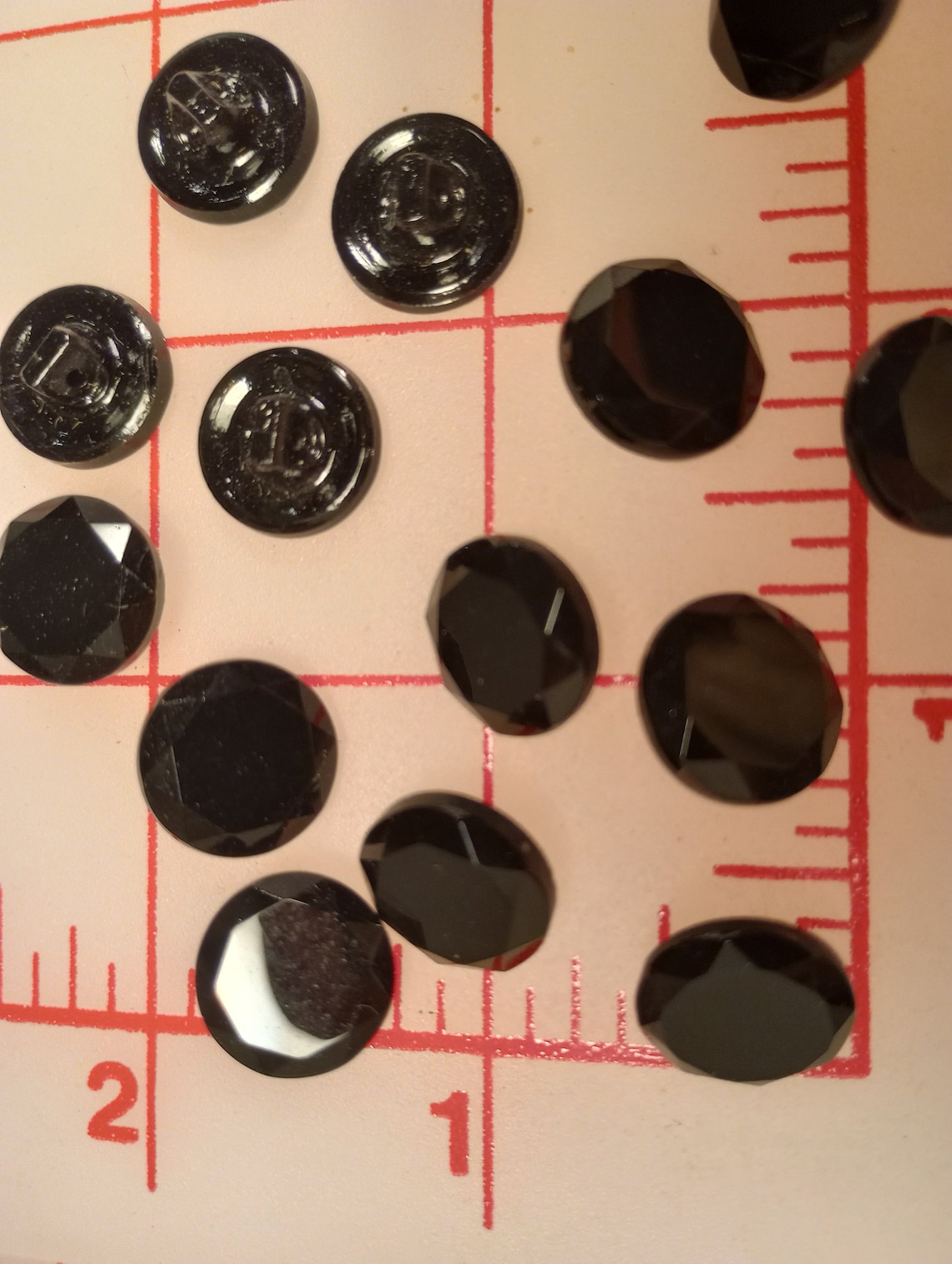 15 Vintage Jet Black Glass Shank Buttons Flat Front Faceted Edge 1/2 ...