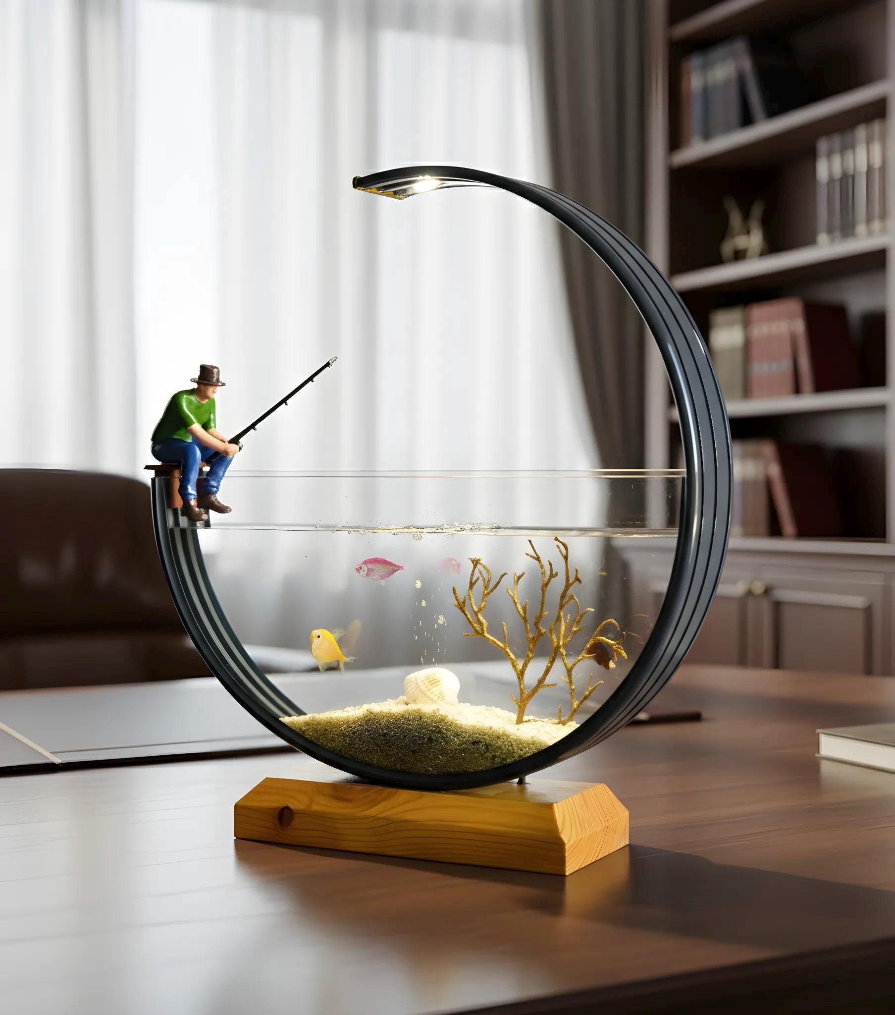 Modern Aquarium Lamp With Fishing Man: LED Tabletop Fish Tank, Luxury ...