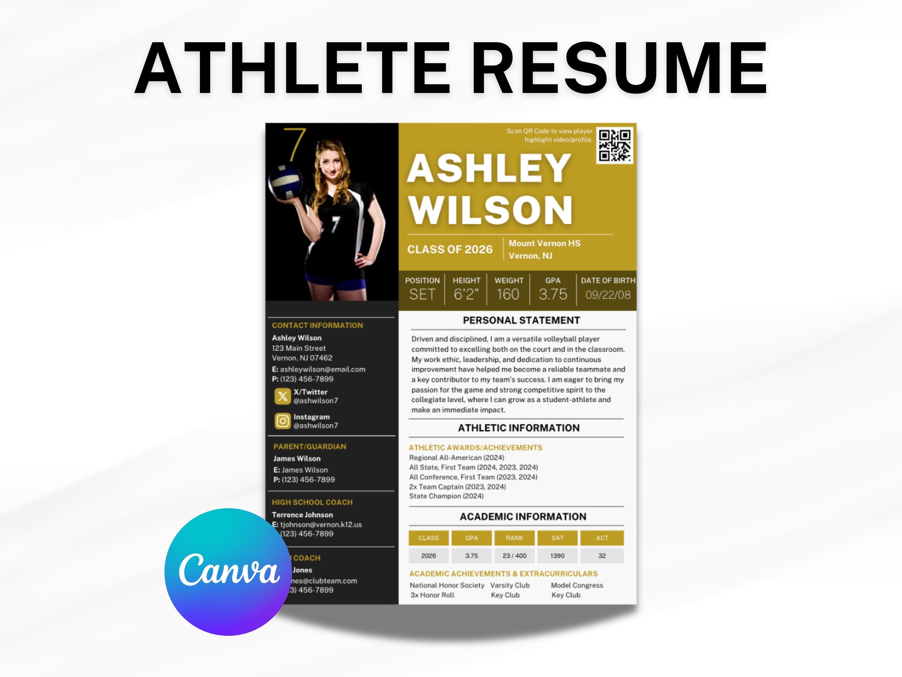 Customizable Athlete Resume Template College Recruiting | Perfect for ...