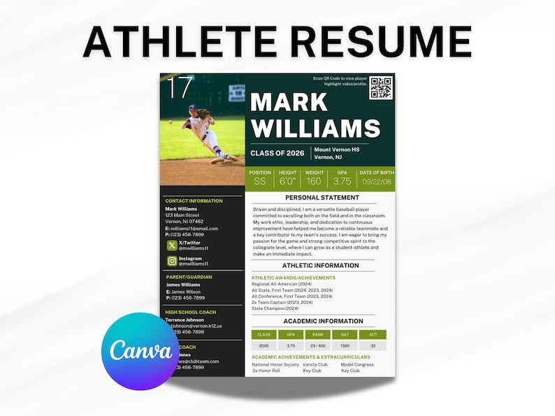 Customizable Athlete Resume Template College Recruiting Perfect for Baseball, Softball, Soccer ...