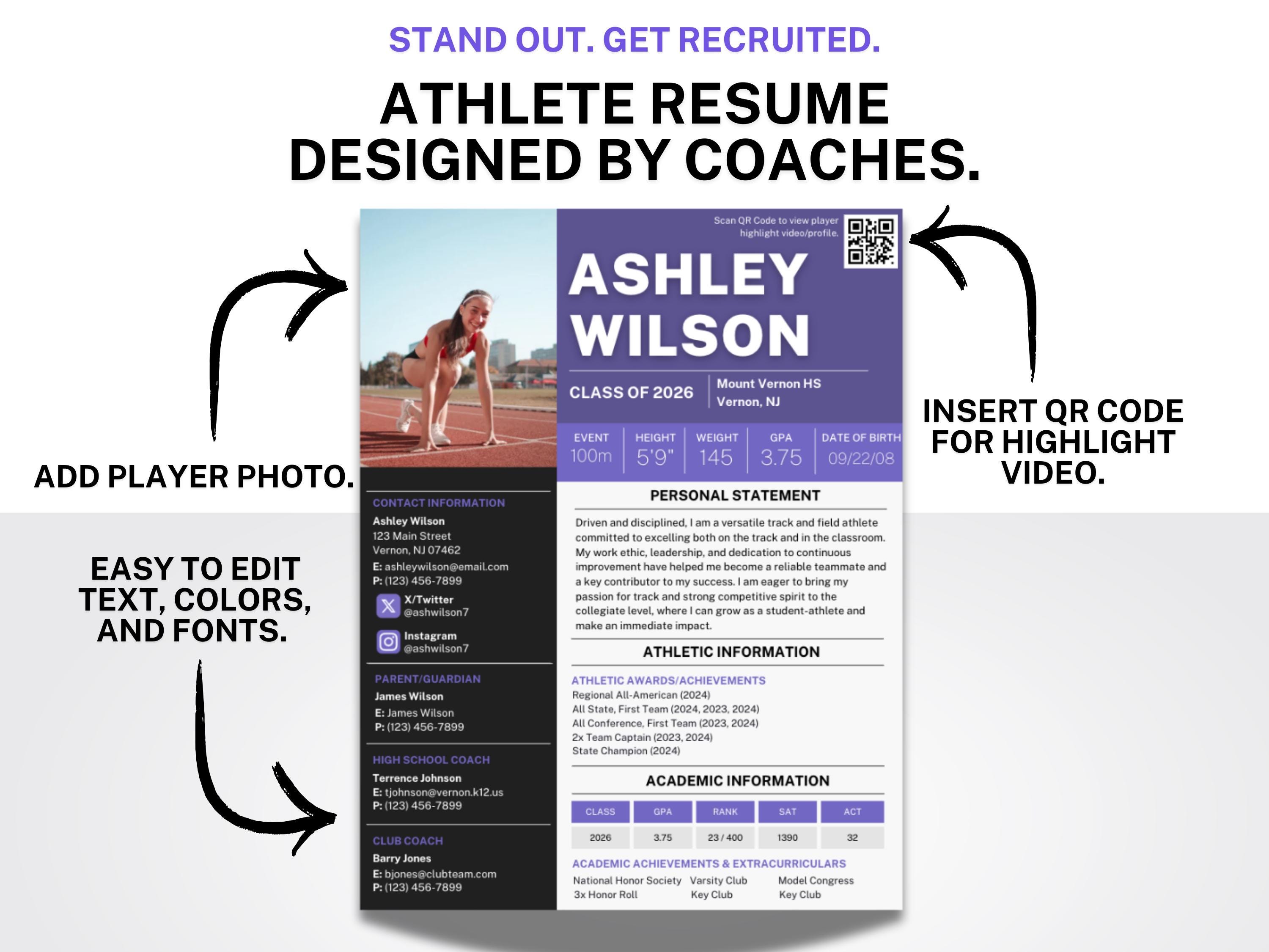 Customizable Athlete Resume Template College Recruiting Perfect for Track, Soccer, Baseball ...
