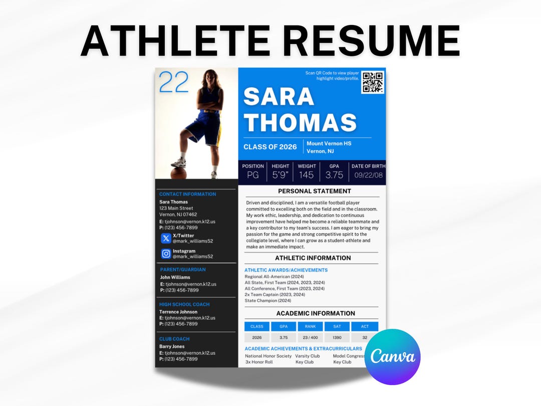 Customizable Athlete Resume Template College Recruiting | Perfect for ...