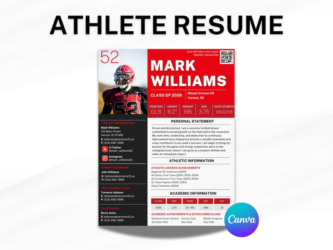 Athlete Resume Template for College Recruiting | Great for Football ...