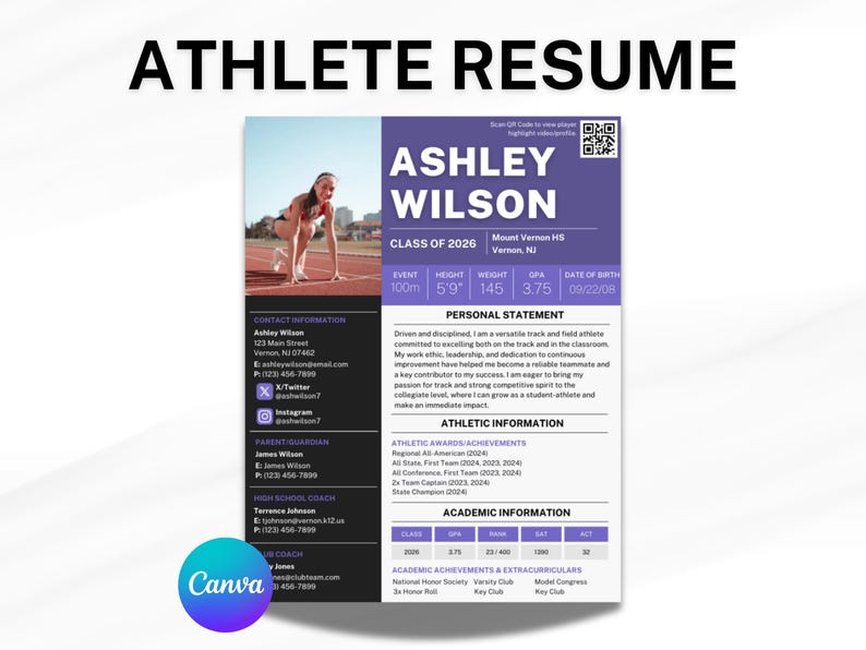 Customizable Athlete Resume Template College Recruiting Perfect for ...
