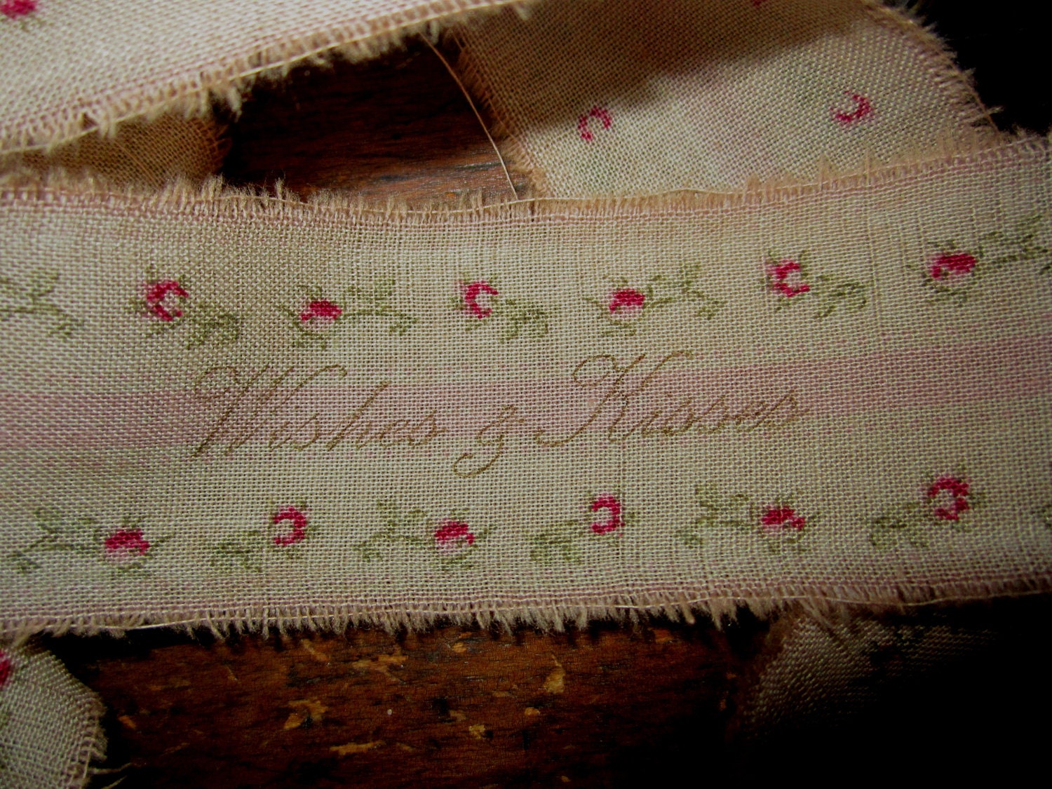 Hand Stamped Tea Dyed Pink Rosebud Ticking Ribbon Wishes and | Etsy