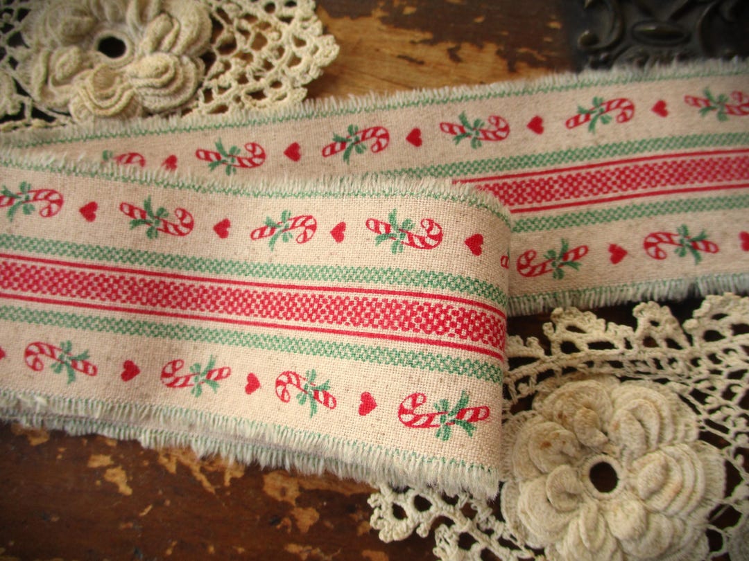 Christmas Red Green Candy Cane Ticking Stripe Tattered Fabric Aged ...
