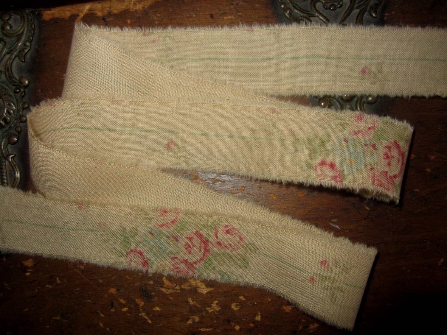 Tattered Cotton Ribbon Shabby Pink Roses Green Jadite Stripe | Etsy