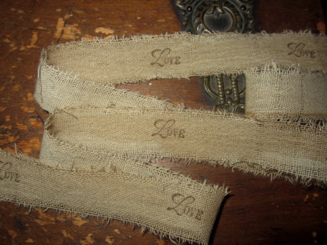 Hand Stamped Tattered Aged Fabric Ribbon ~ Rustic Romance ~ Petite Love ...