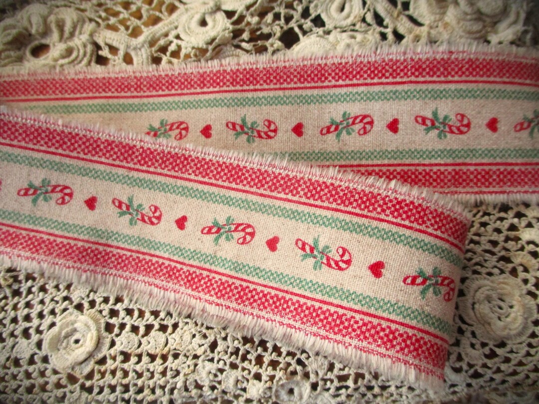 Christmas Red Green Candy Cane Ticking Stripe Tattered Fabric Aged ...