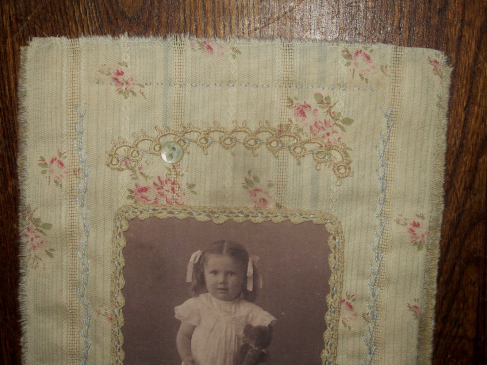 Vintage Lace Tattered Roses Mini Quilt Collage Girl With Her Teddy Bear ...