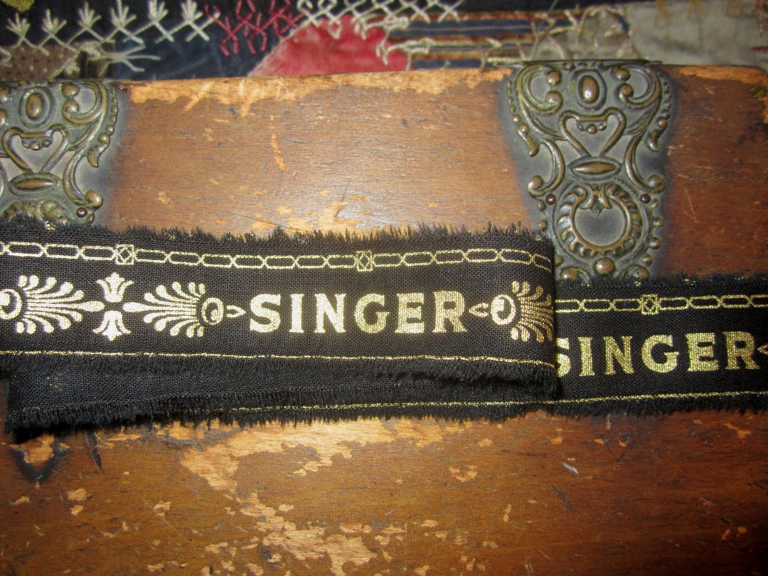 Tattered Fabric Ribbon 36" Length Vintage Singer Sewing Logo Black With ...