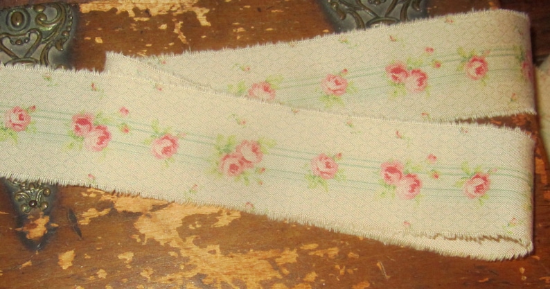 Tattered Fabric Ribbon Shabby Pink Rosebud Jadite Ticking - Etsy