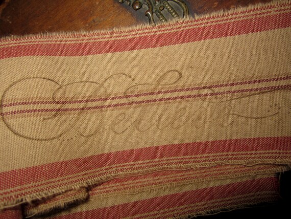 Hand Stamped Red Tan Ticking Vintage Appeal Tattered Ribbon | Etsy