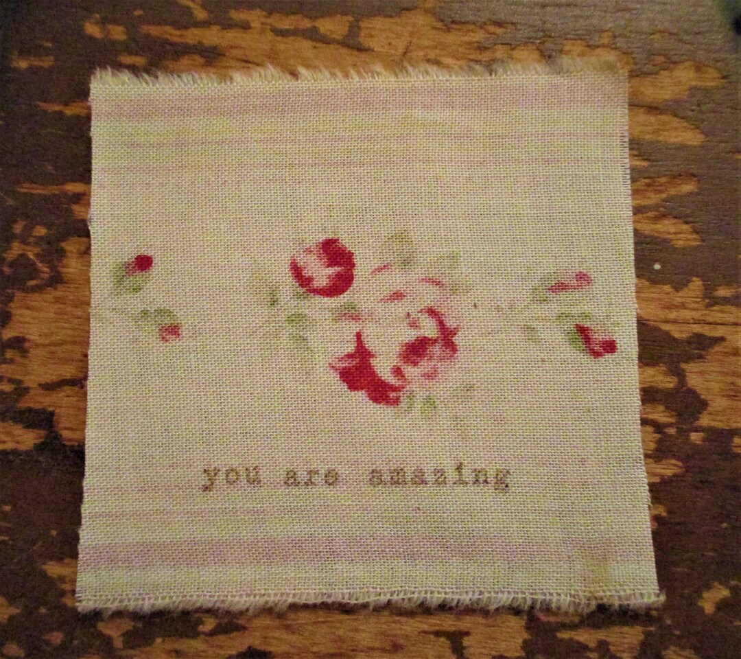 Hand Stamped Tattered Fabric Ribbon Patch Embellishment Rose Ticking ...