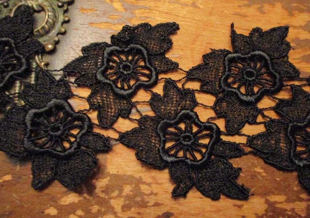 Vintage Black Edwardian Victorian Floral Silk Rayon Venise Lace Crazy ...