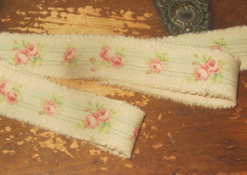 Tattered Fabric Ribbon Petite Shabby Pink Rosebud Jadite | Etsy