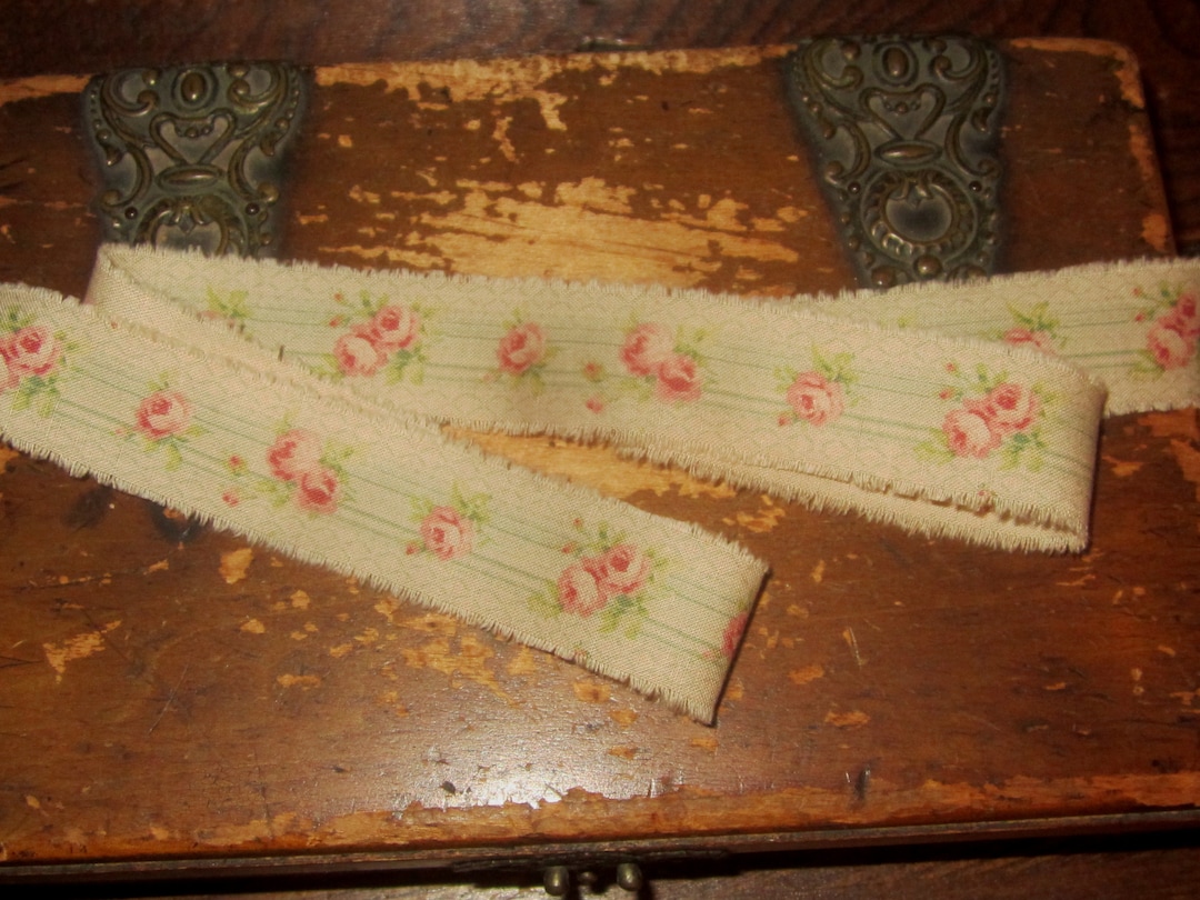 Tattered Fabric Ribbon Petite Shabby Pink Rosebud Jadite Ticking Stripe ...