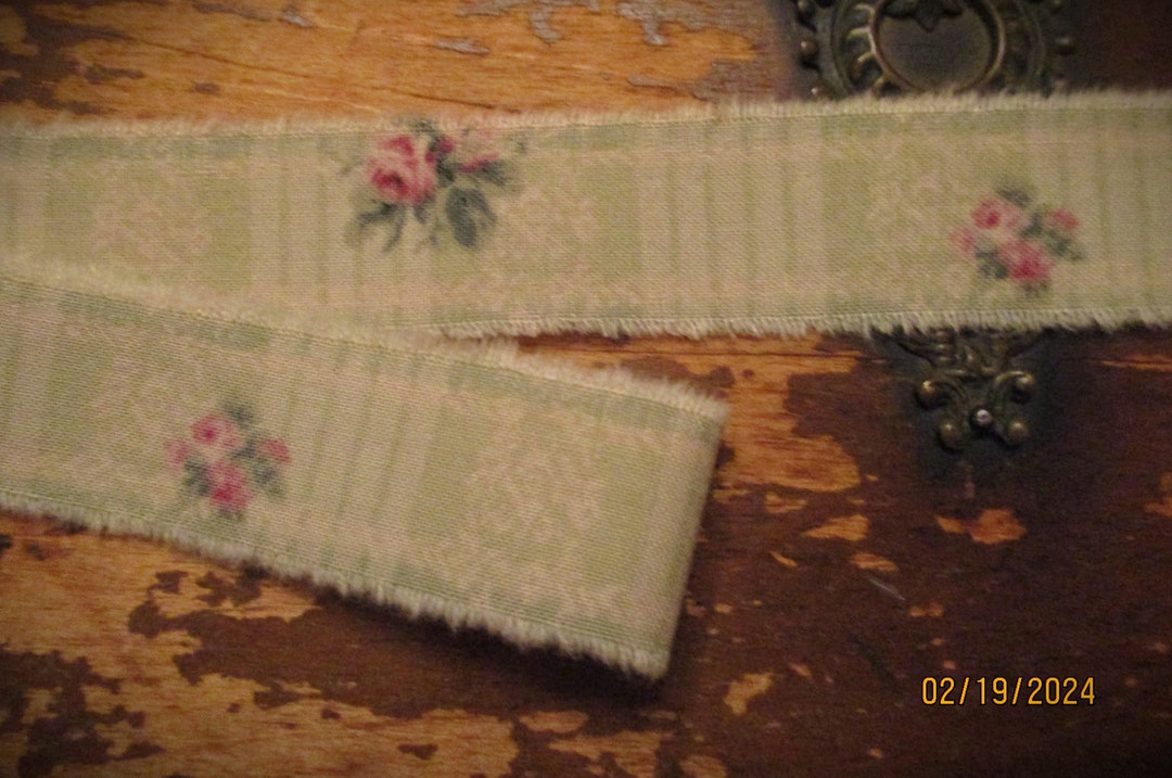 Tattered Vintage Appeal Fabric Ribbon Aged Shabby Green Check Pink Roses Junk Journal