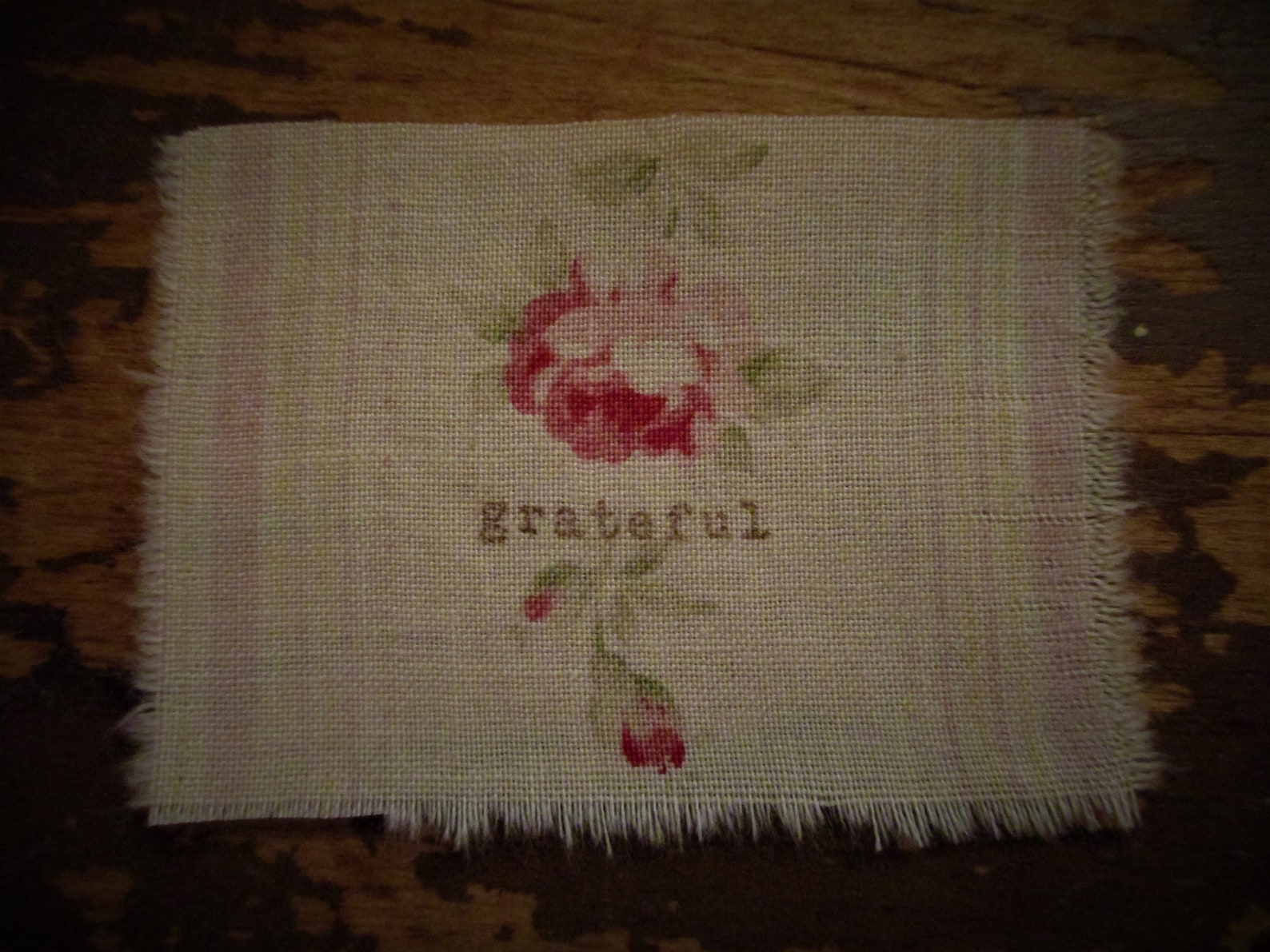 Hand Stamped Tattered Fabric Ribbon Patch Embellishment Rose Ticking ...