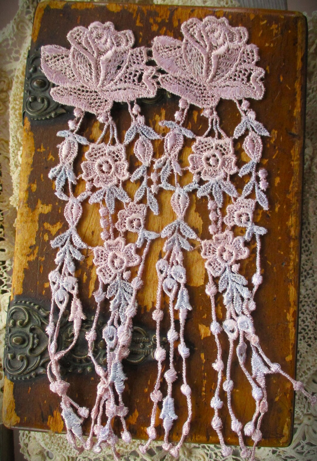 Hand Dyed Venise Lace Snippet of Roses Vintage Sea Blush Crazy Quilt ...