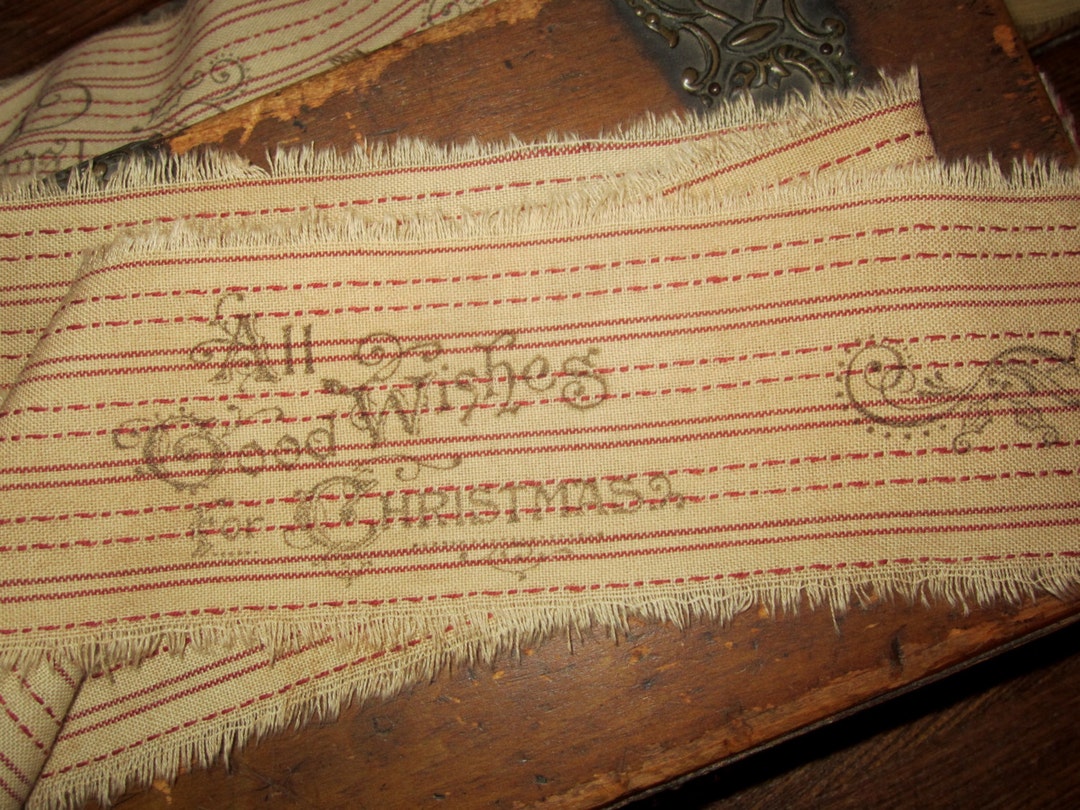 Hand Stamped Tea Dyed Red Ticking Tattered Ribbon All Good Wishes for ...